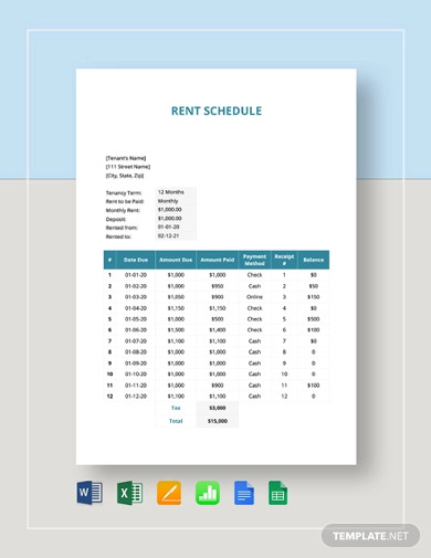 9+ Rent Schedule Templates in Google Docs | Google Sheets | XLS | Word ...
