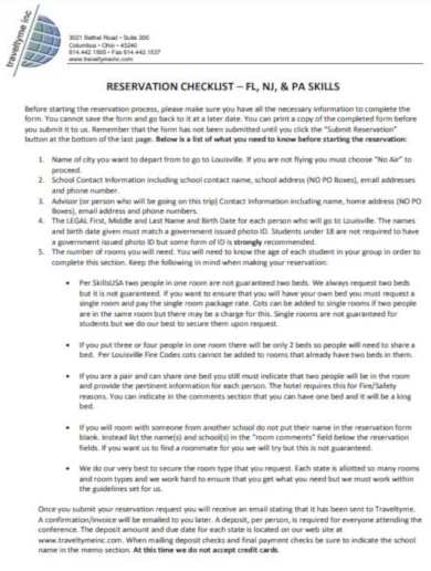 10+ Reservation Checklist Templates - Google Docs, Word, Pages, PDF