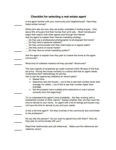 8+ FREE Real Estate Checklist Templates for Agents in PDF, Word