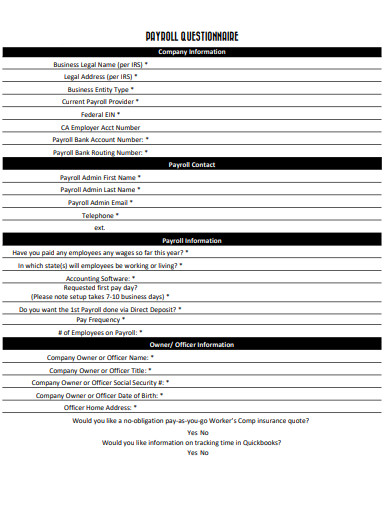 8+ Payroll Questionnaire Templates in PDF | DOC