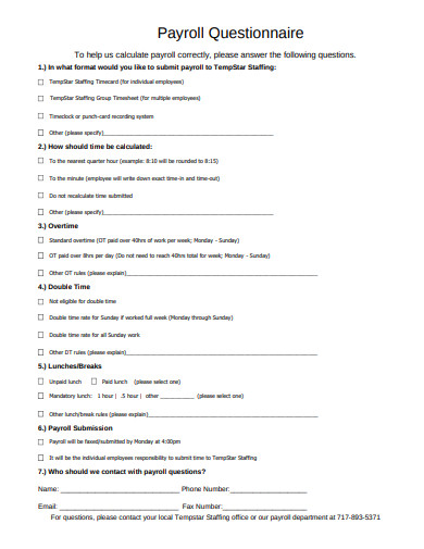 8+ Payroll Questionnaire Templates in PDF | DOC
