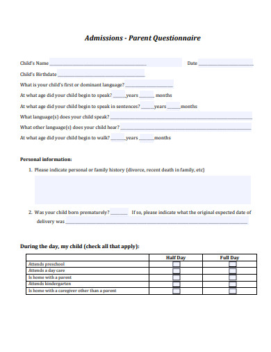 23+ Parent Questionnaire Templates in PDF | DOC
