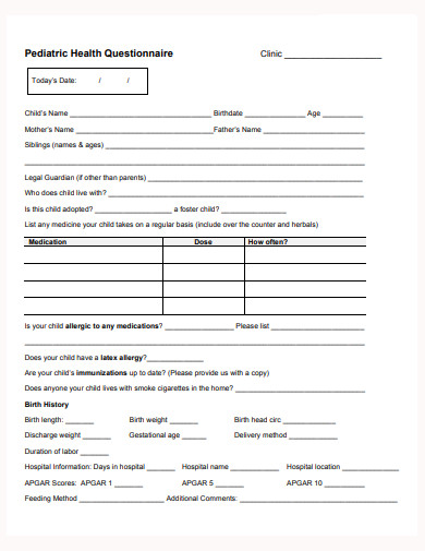 10+ Pediatric Health Questionnaire Templates in PDF | DOC