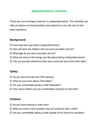 4+ Nanny Checklist Templates in PDF