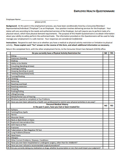 10+ Employee Health Questionnaire Templates in PDF | DOC