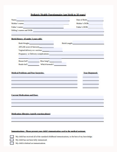 10+ Pediatric Health Questionnaire Templates in PDF | DOC