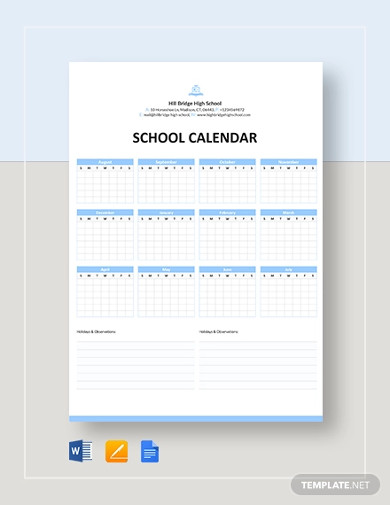 10+ School Calendar Templates in Google Docs | Pages | MS Word | PDF