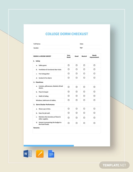 Dorm Room Checklist Template - 9+ Free Word, PDF Documents Download