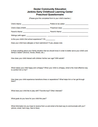 15+ Preschool Questionnaire Templates - PDF, DOC
