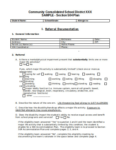 11+ School 504 Plan Templates in PDF | DOC