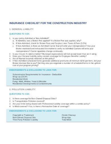 10+ Insurance Liability Checklist Templates in PDF | Word