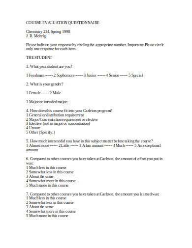 8+ Course Evaluation Questionnaire Templates in PDF | DOC