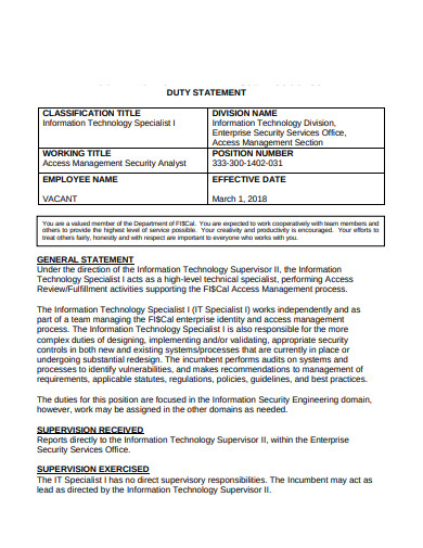12+ Duty Statement Templates in PDF | DOC