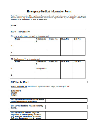 12+ Emergency Medical Information Form Templates in PDF | DOC