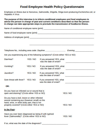 10+ Employee Health Questionnaire Templates in PDF | DOC