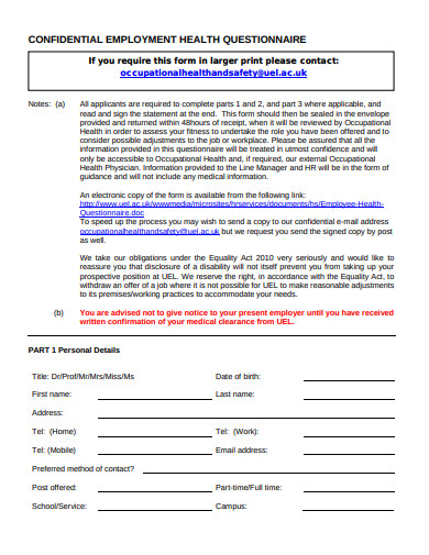 10+ Employee Health Questionnaire Templates in PDF | DOC