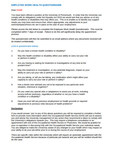 10+ Employee Health Questionnaire Templates in PDF | DOC