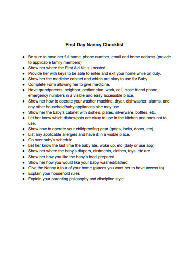 4+ Nanny Checklist Templates in PDF