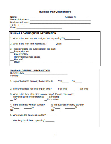 9+ Business Plan Questionnaire Templates in PDF | MS Word