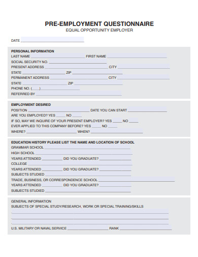 15+ Pre-Employment Questionnaire Templates in PDF | MS Word | Free ...