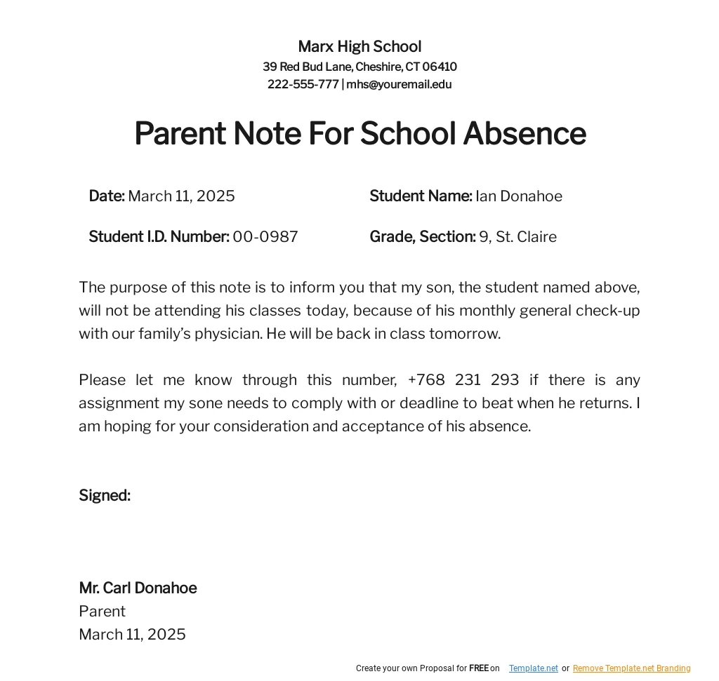 13+ School Absence Note Templates in PDF | Google Docs | Word | Pages