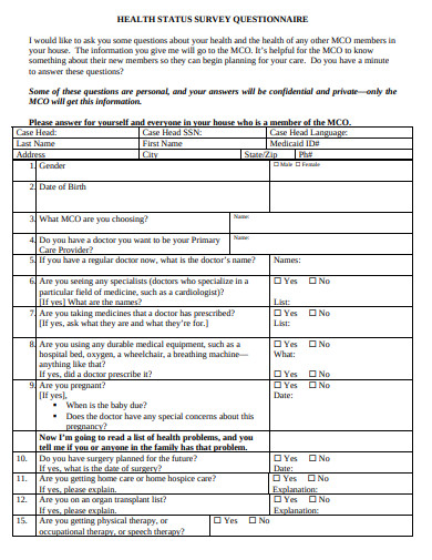 21 Health Survey Questionnaire Templates In Doc Pdf