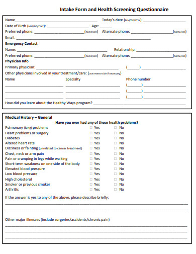 10+ Health Screening Questionnaire Templates in PDF | DOC