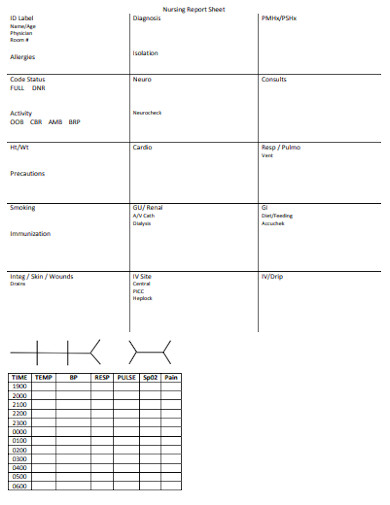 Nurse Admission Report Sheet