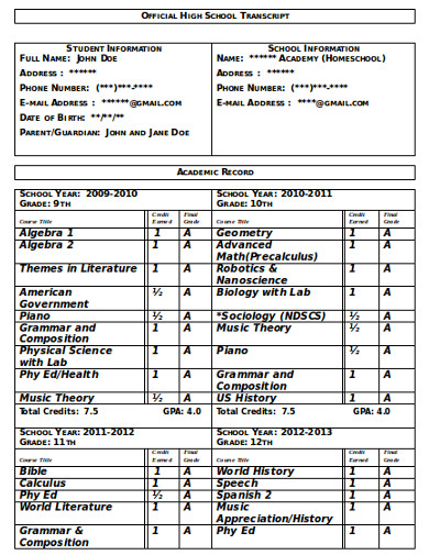 13 High School Transcript Templates In PDF DOC