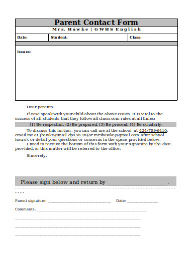 10+ Parent Contact Form Templates in PDF | DOC