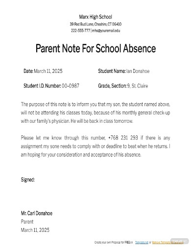 13+ School Absence Note Templates in PDF | Google Docs | Word | Pages