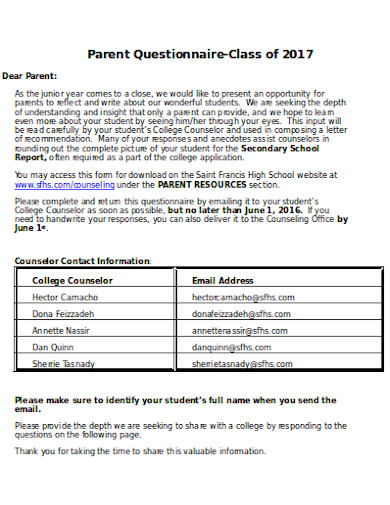 23+ Parent Questionnaire Templates in PDF | DOC