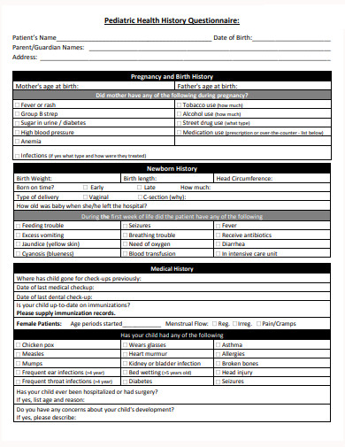 10+ Pediatric Health Questionnaire Templates in PDF | DOC