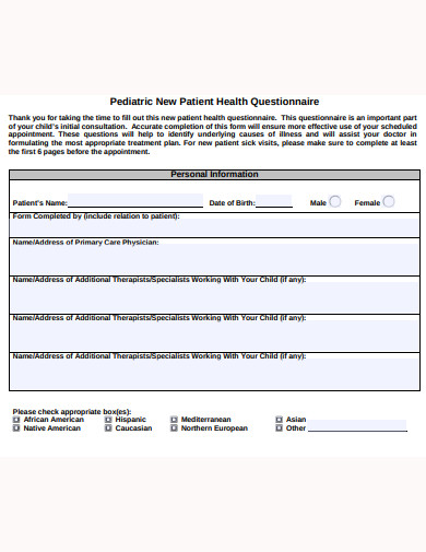 10+ Pediatric Health Questionnaire Templates in PDF | DOC
