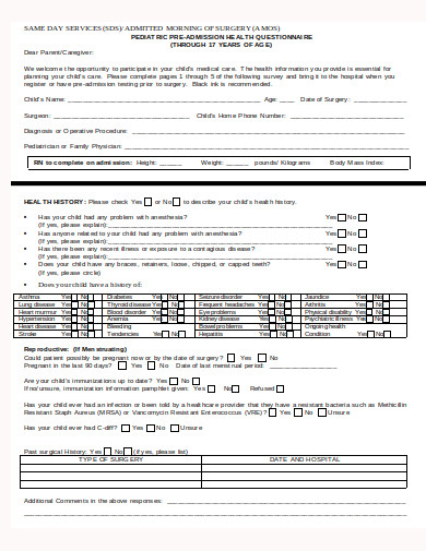 10+ Pediatric Health Questionnaire Templates in PDF | DOC