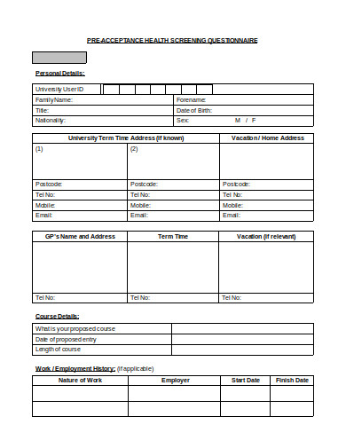 10+ Health Screening Questionnaire Templates in PDF | DOC