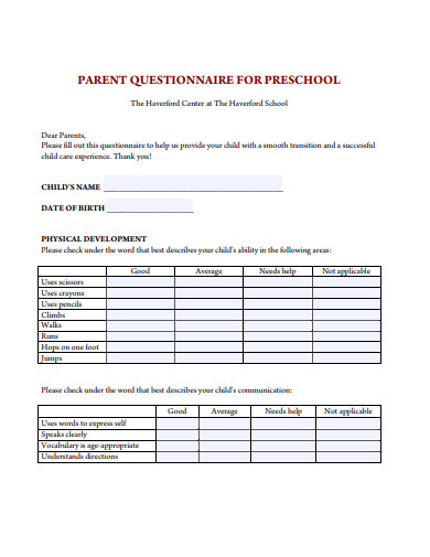 15+ Preschool Questionnaire Templates - PDF, DOC