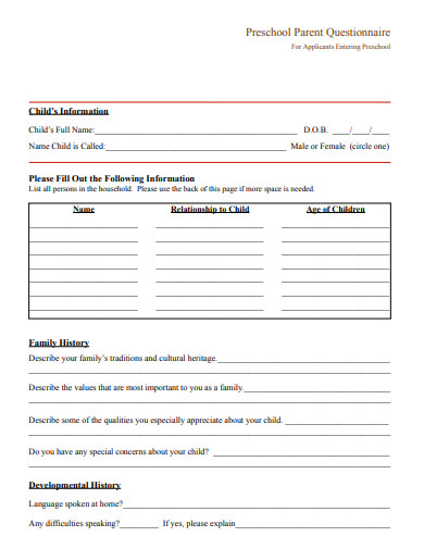 15+ Preschool Questionnaire Templates - PDF, DOC
