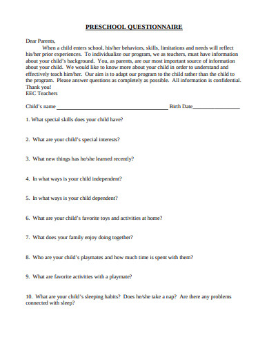 15+ Preschool Questionnaire Templates - PDF, DOC