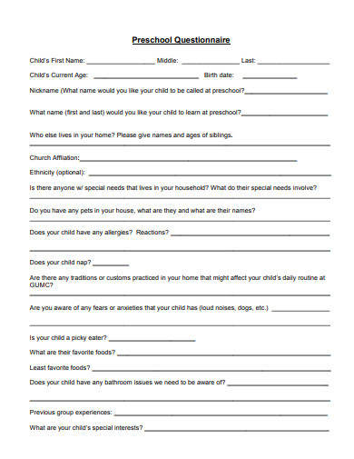 15+ Preschool Questionnaire Templates - PDF, DOC