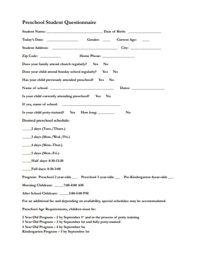 15+ Preschool Questionnaire Templates - PDF, DOC