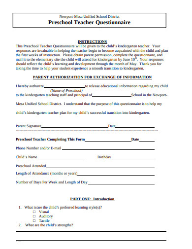 15+ Preschool Questionnaire Templates - PDF, DOC