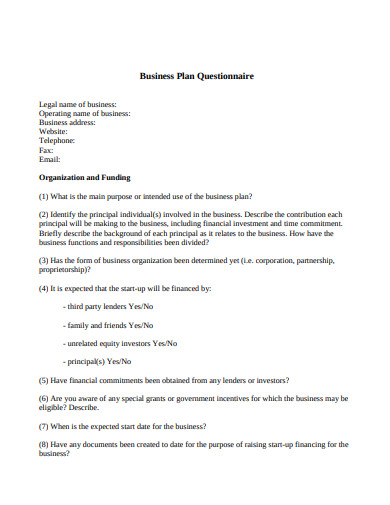9+ Business Plan Questionnaire Templates in PDF | MS Word
