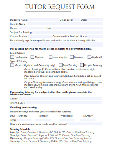 Printable Tutoring Form - Printable Forms Free Online
