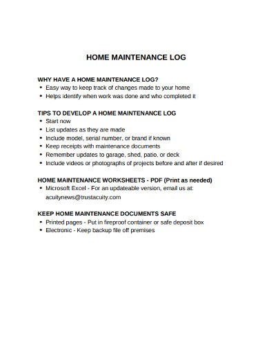10+ Home Maintenance Log Templates PDF | DOC