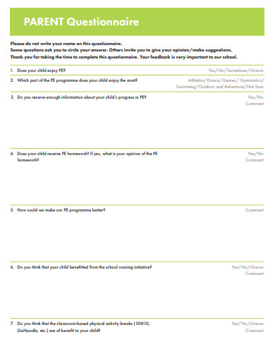 23+ Parent Questionnaire Templates in PDF | DOC