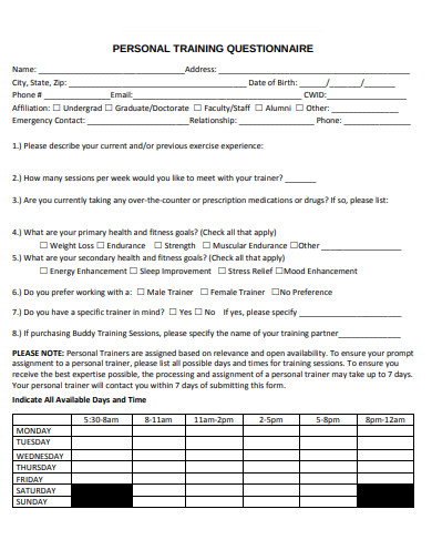 11+ Personal Training Questionnaire Templates in PDF | DOC