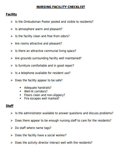 10+ Nursing Facility Checklist Templates in PDF | DOC