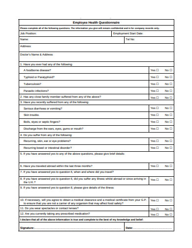 10+ Employee Health Questionnaire Templates in PDF | DOC