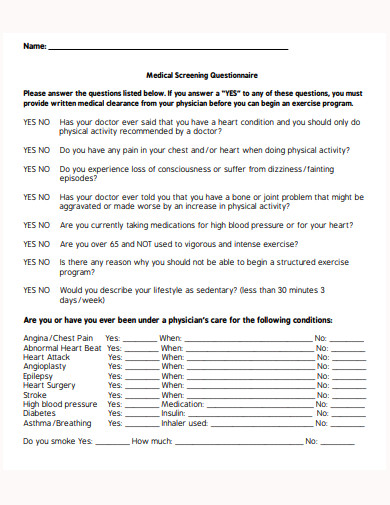16+ Medical Screening Questionnaire Templates in PDF | Microsoft Word